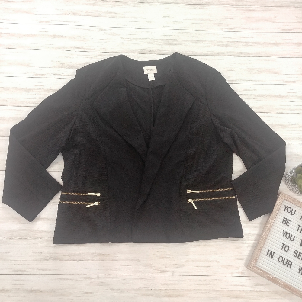 Chico's Ribbed Gold Zipper Accent Pockets Blazer - Gem